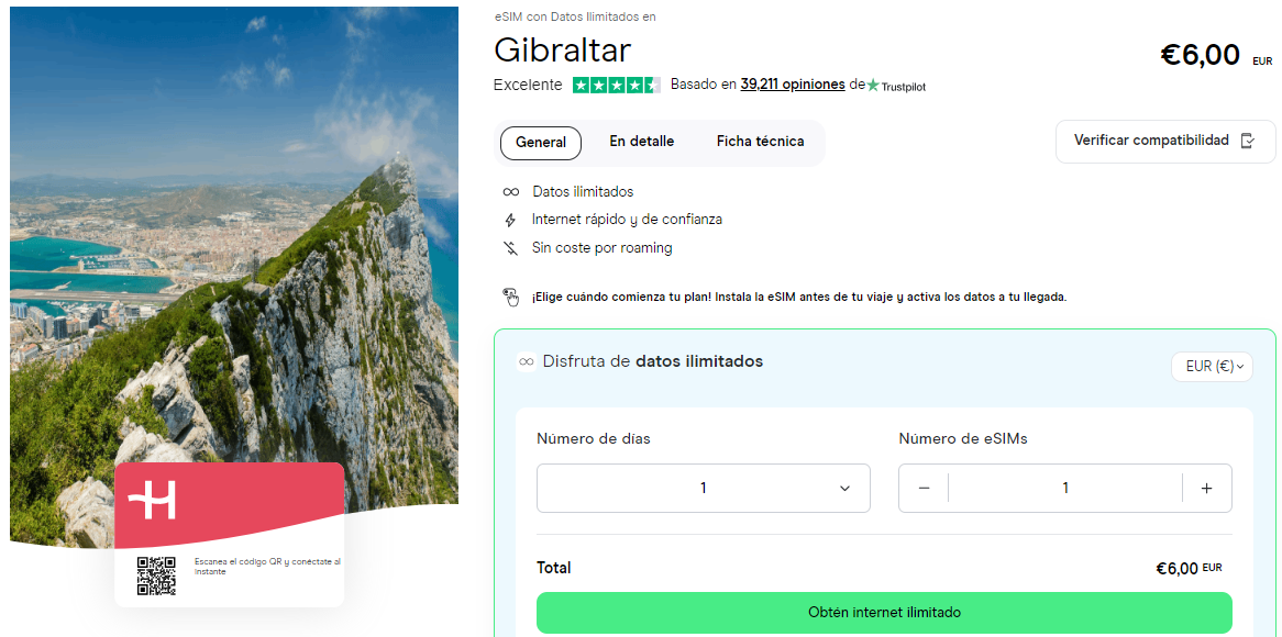 Tarjeta SIM para viajar a Gibraltar sin pagar roaming - Holafly